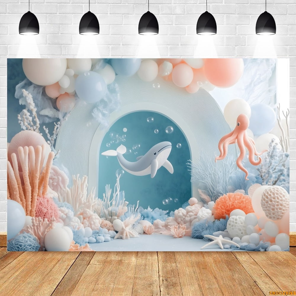 Underwater World Dolphin Theme Backdrop Undersea Animals Plants Coral Baby 1st Birthday Party ...
