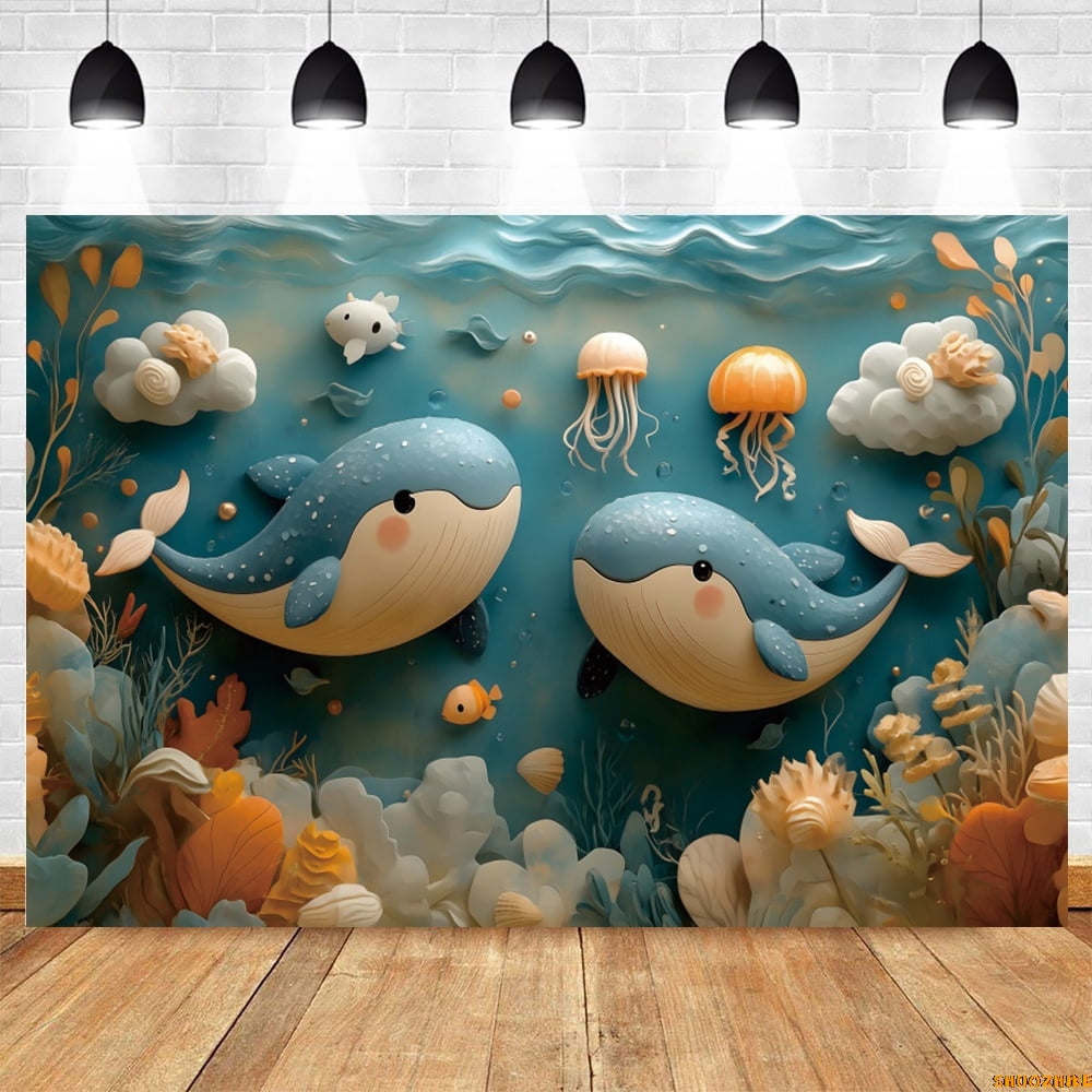 Underwater World Dolphin Theme Backdrop Undersea Animals Plants Coral Baby 1st Birthday Party ...