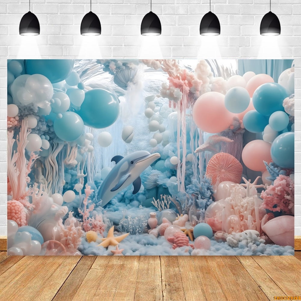 Underwater World Dolphin Theme Backdrop Undersea Animals Plants Coral Baby 1st Birthday Party ...