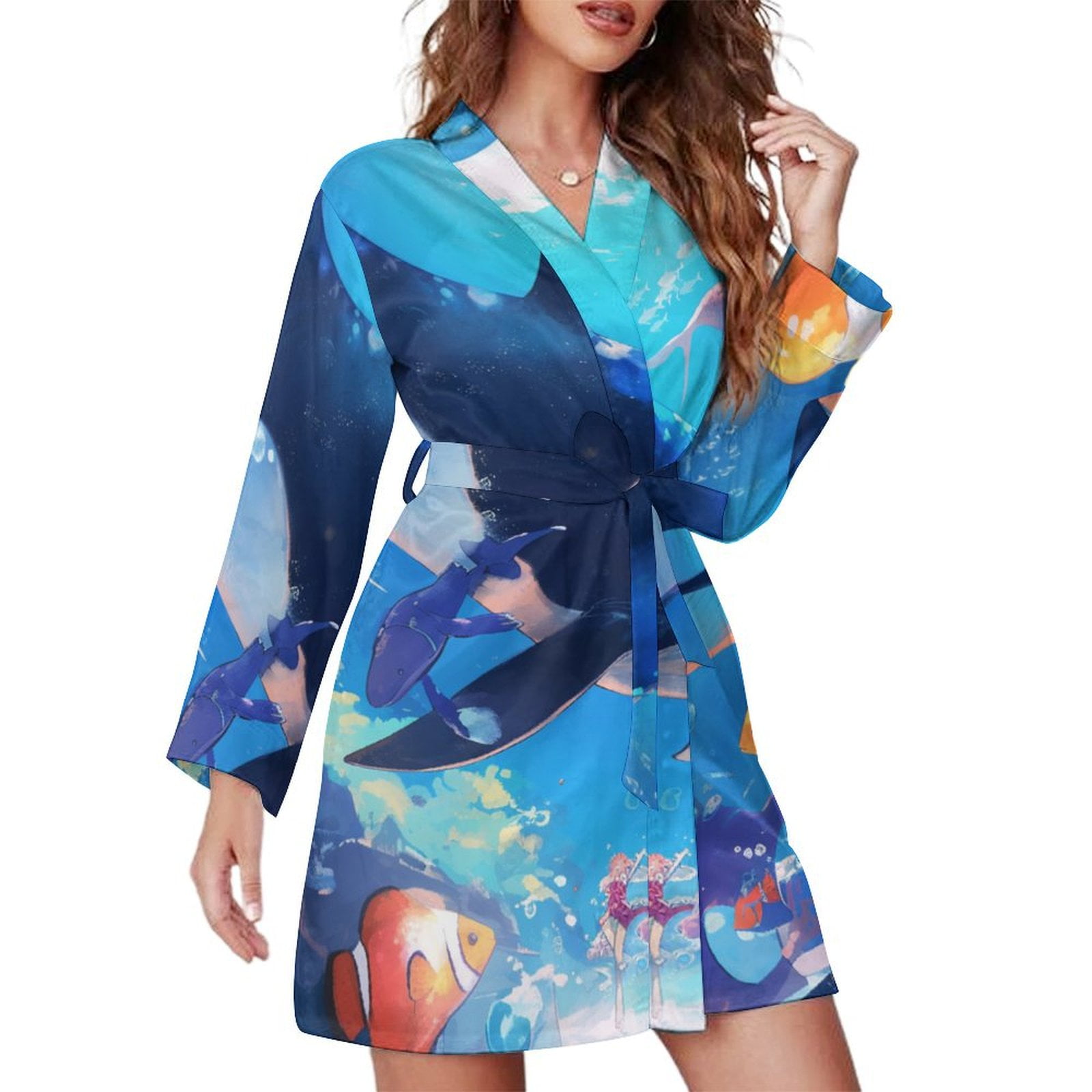 Underwater World Night Robe Long Sleeve V Neck Robe With Belt Women's ...
