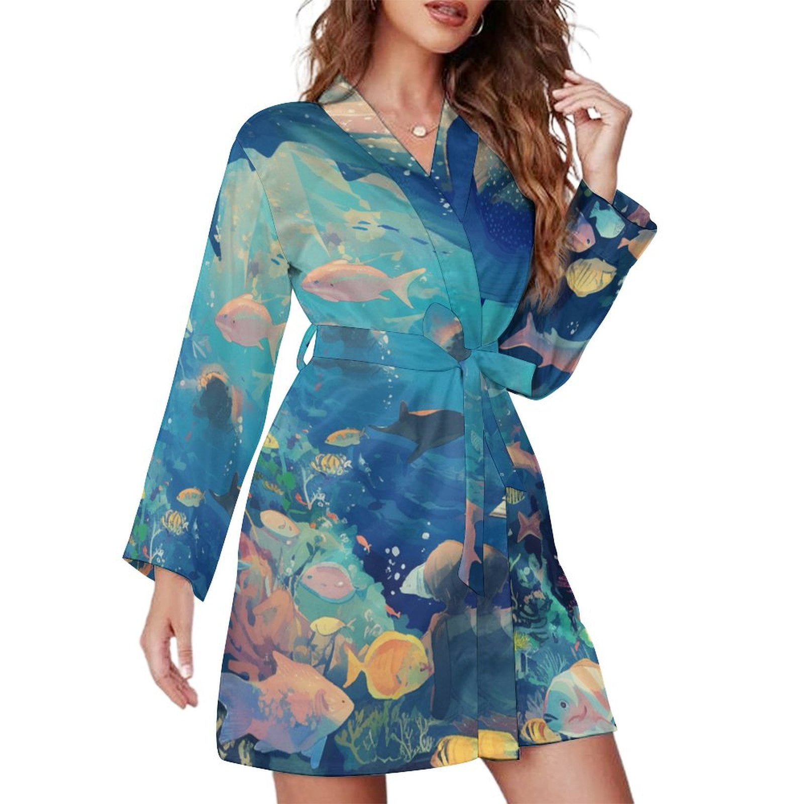 Underwater World Night Robe Long Sleeve V Neck Robe With Belt Women's ...