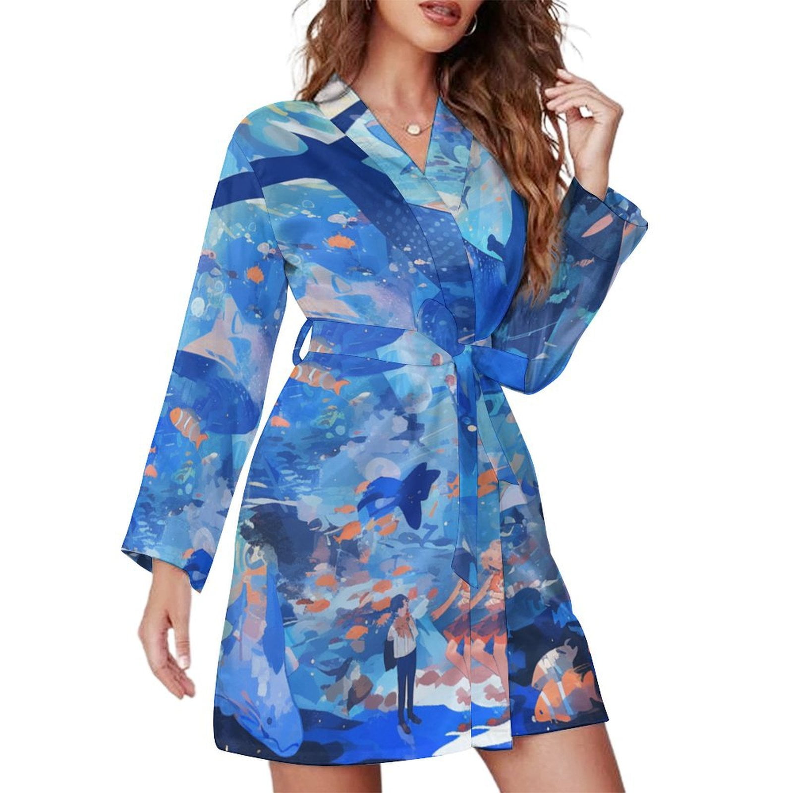 Underwater World Night Robe Long Sleeve V Neck Robe With Belt Women's ...