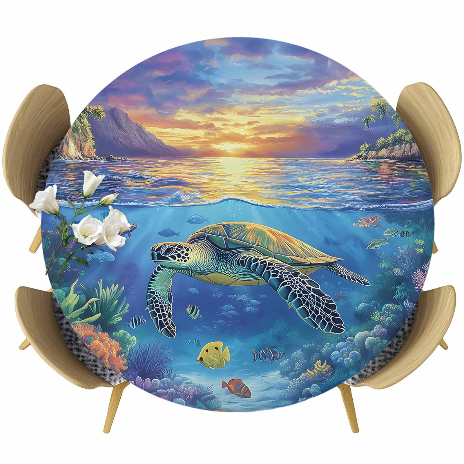 Underwater World Round Fitted Table Cover Sea Turtle Coral Tropical ...