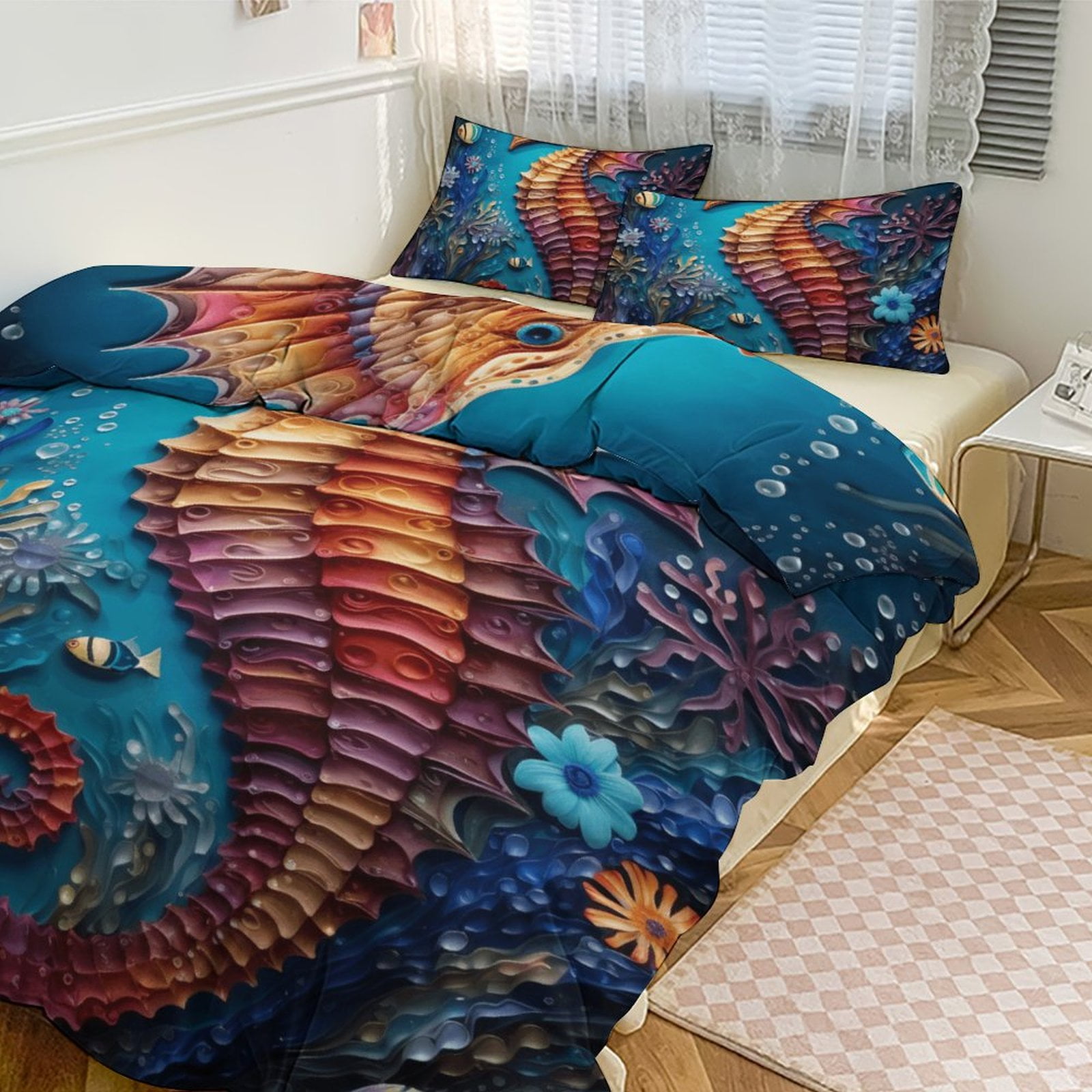 Underwater World Seahorse Bedding Sets Twin Duvet Cover 3 Piece Cute Bed Set for Boys Girls Kid ...