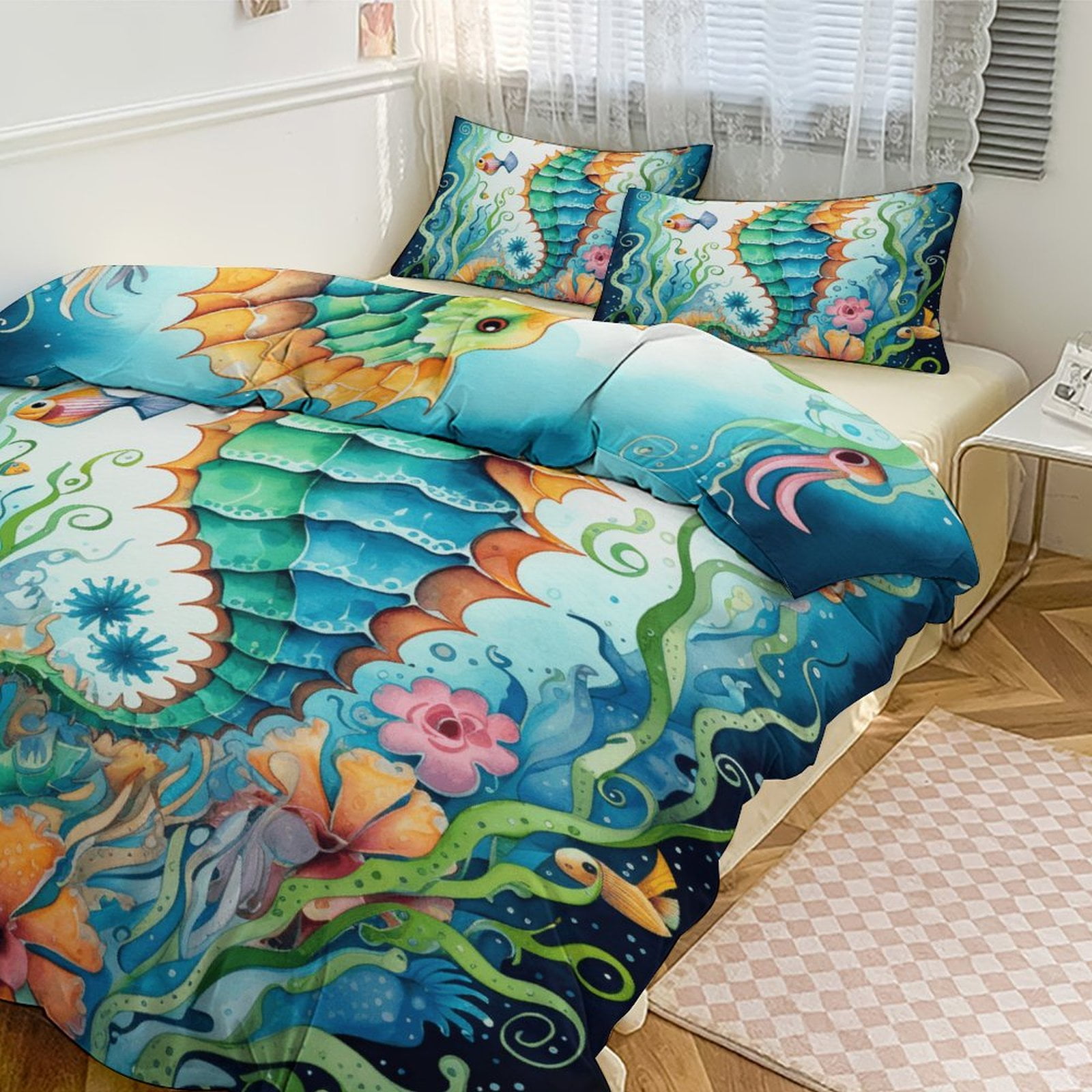 Underwater World Seahorse Bedding Sets Twin Duvet Cover 3 Piece Cute Bed Set for Boys Girls Kid ...