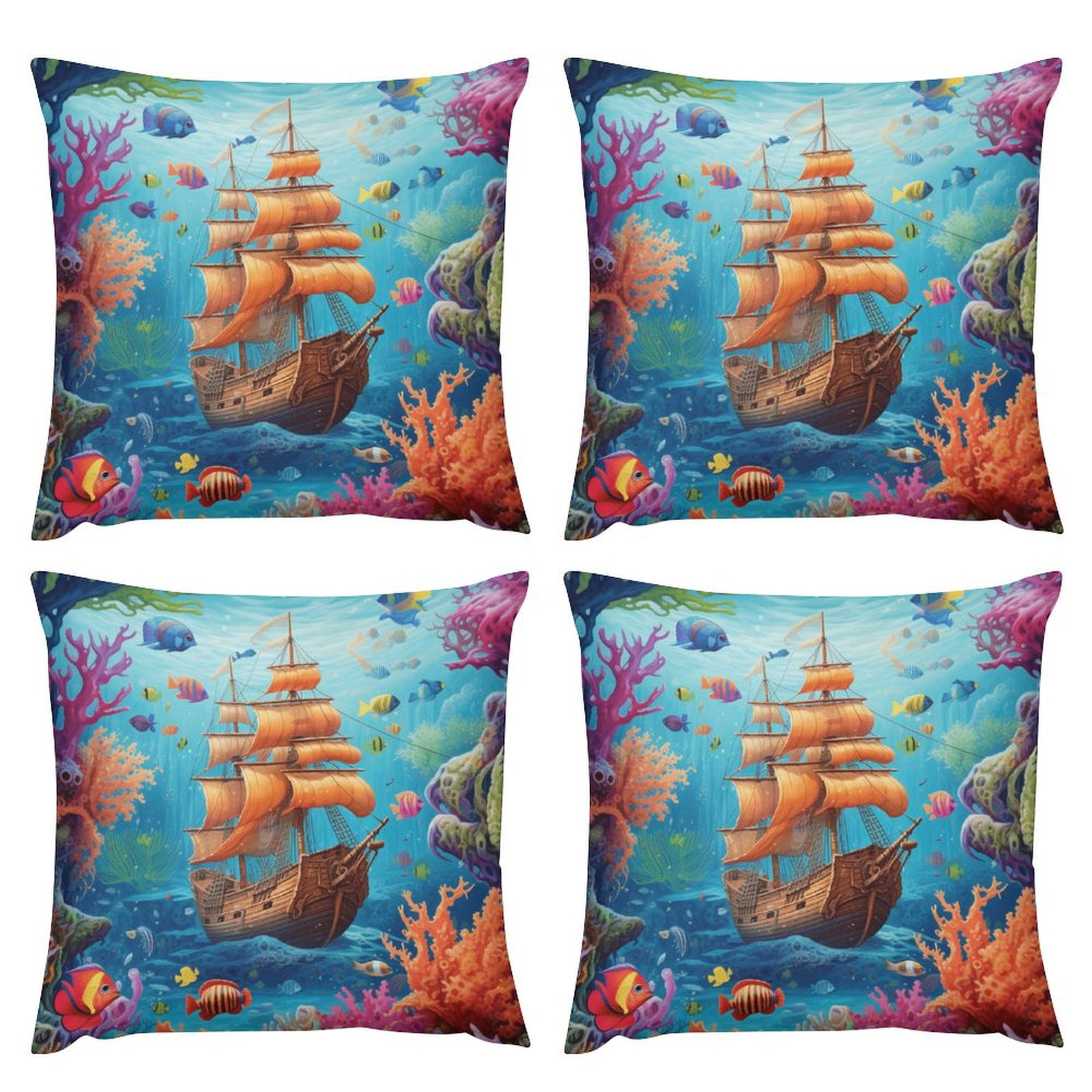 Underwater World Ship Coral Pillow Covers 16 "x16 " Set of 4，Modern ...