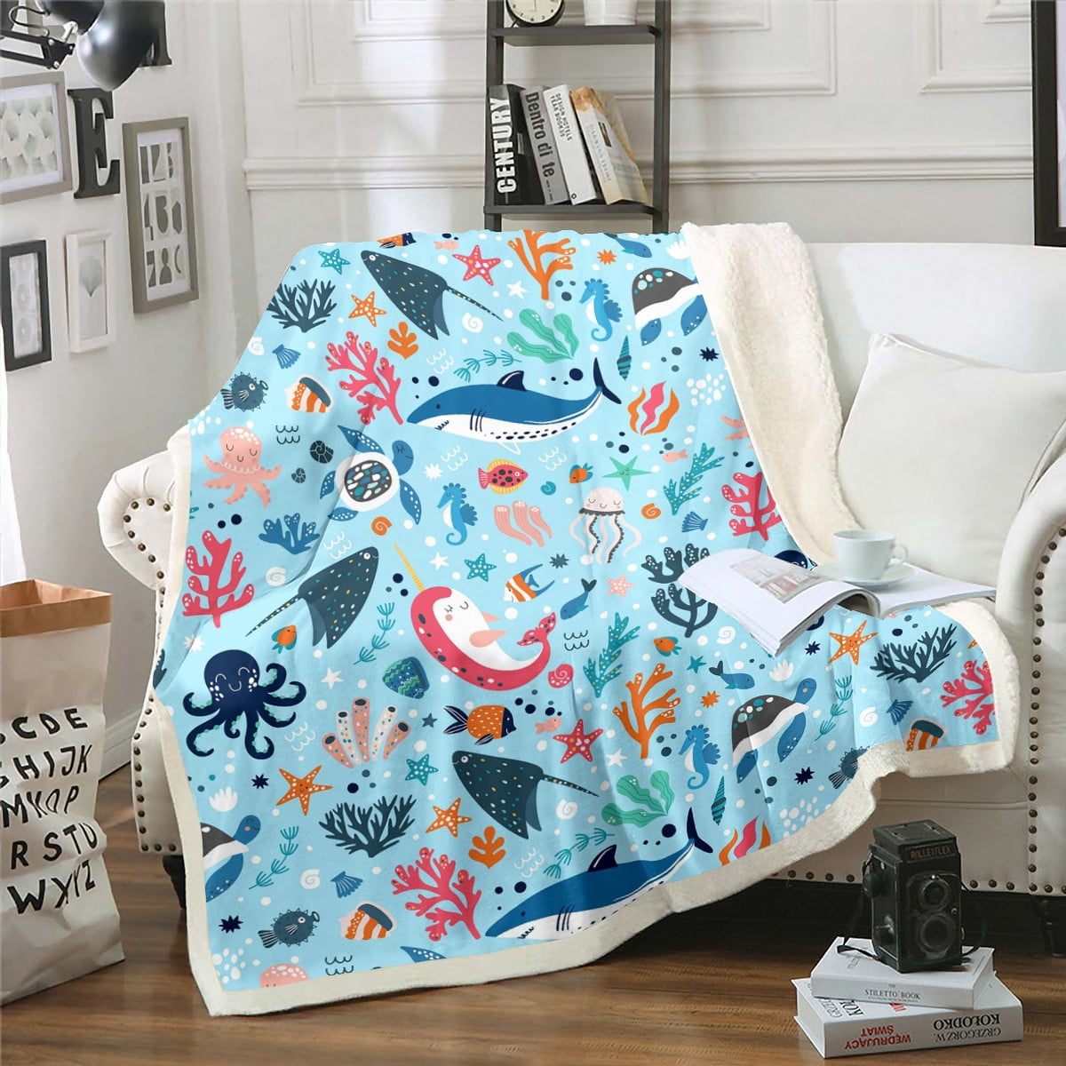 Underwater World Throw Blanket Throw Size, Cute Dolphin Shark Fuzzy ...