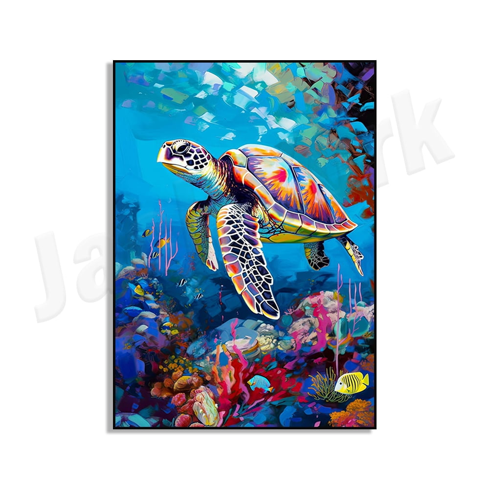 Underwater tropical sea turtle, underwater marine life painting, seabed ...