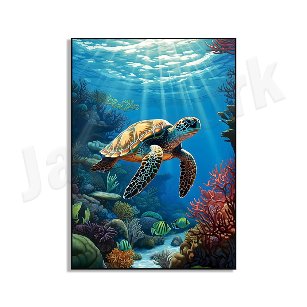Underwater tropical sea turtle, underwater marine life painting, seabed ...
