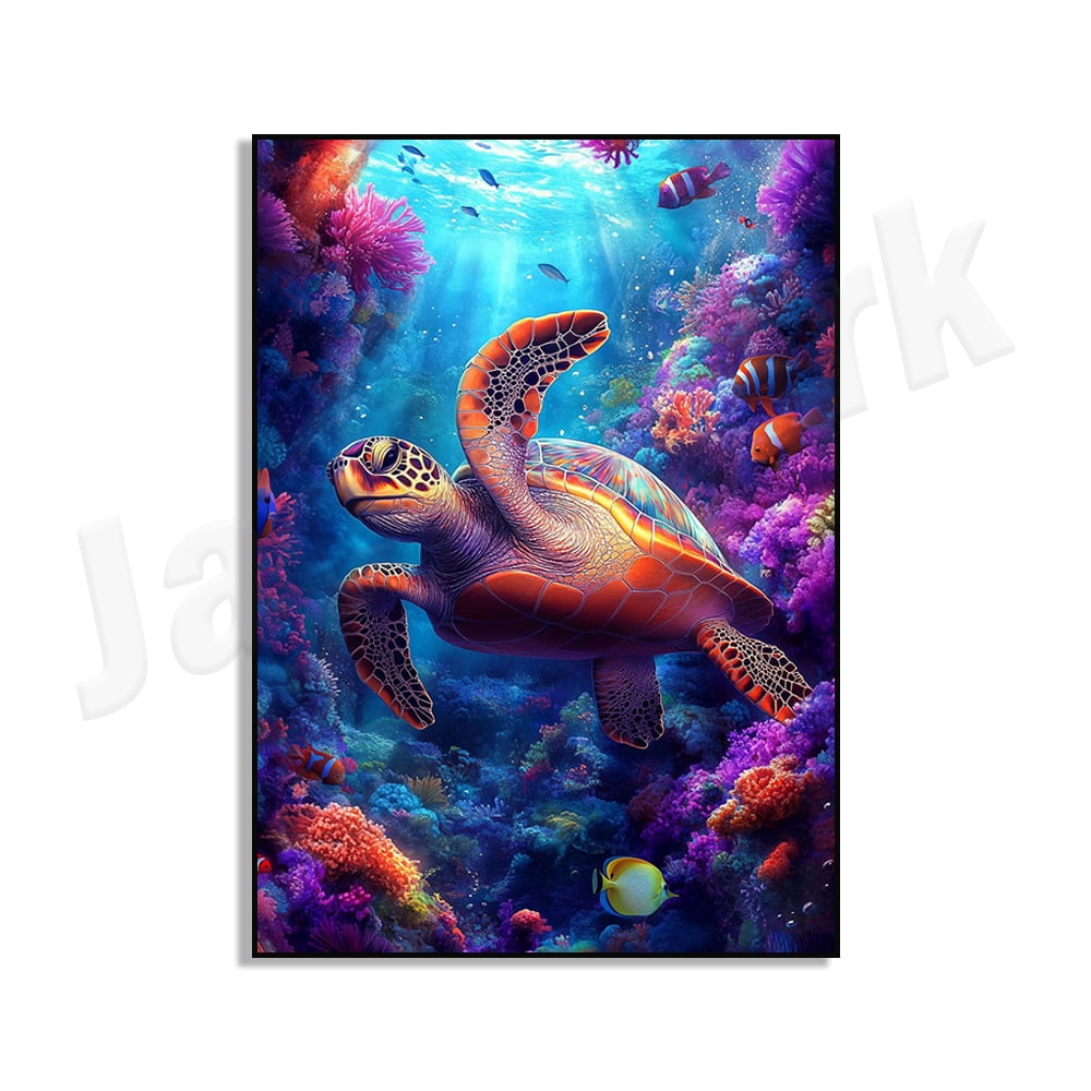 Underwater tropical sea turtle, underwater marine life painting, seabed ...