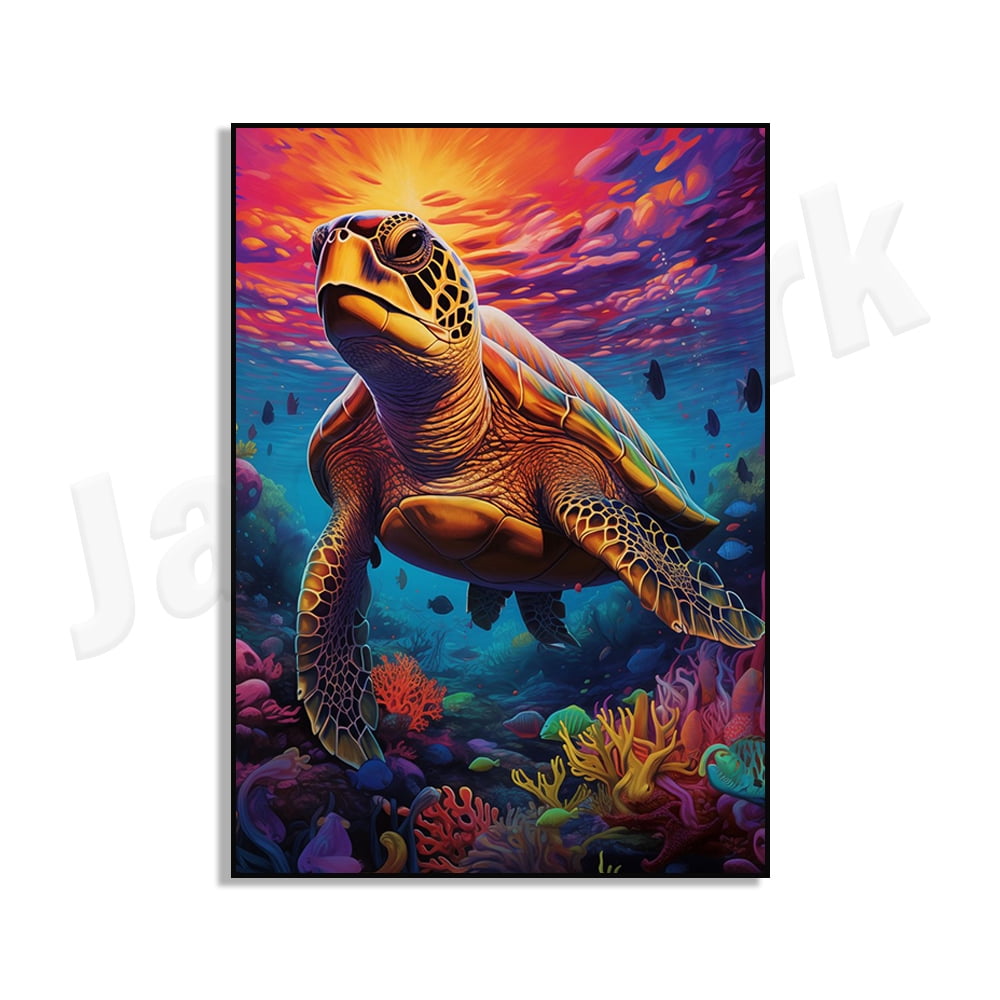 Underwater tropical sea turtle, underwater marine life painting, seabed ...