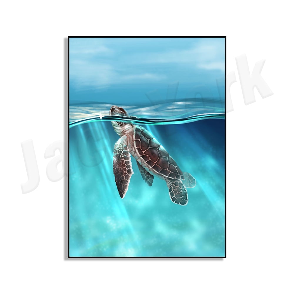 Underwater tropical sea turtle, underwater marine life painting, seabed ...