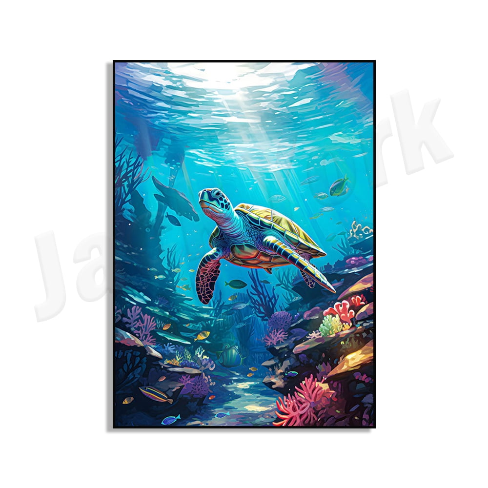 Underwater tropical sea turtle, underwater marine life painting, seabed ...