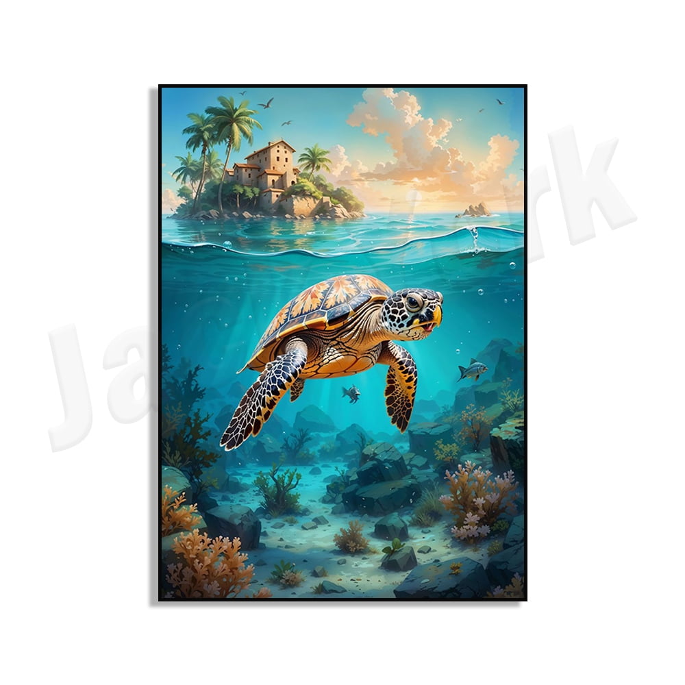 Underwater tropical sea turtle, underwater marine life painting, seabed ...