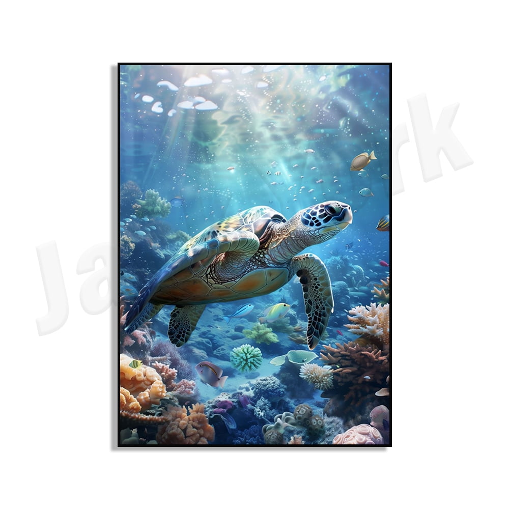 Underwater tropical sea turtle, underwater marine life painting, seabed ...