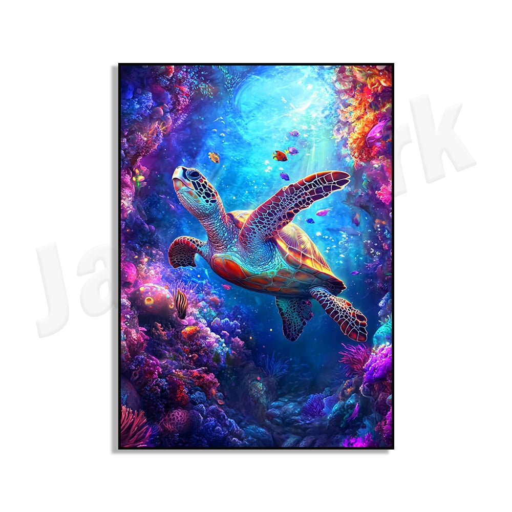 Underwater tropical sea turtle, underwater marine life painting, seabed ...