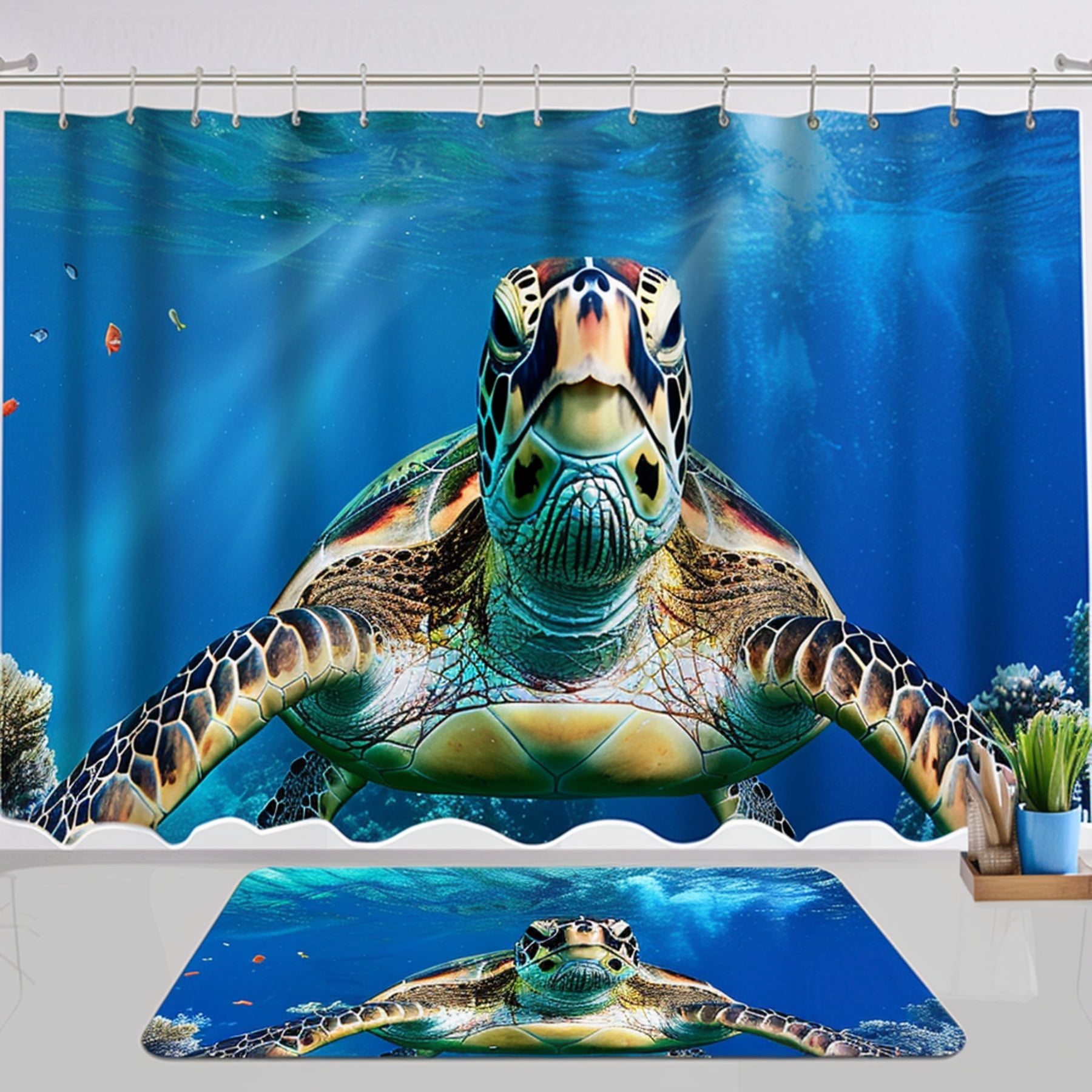 Underwaterthemed shower curtain with a detailed texture of turtle skin ...