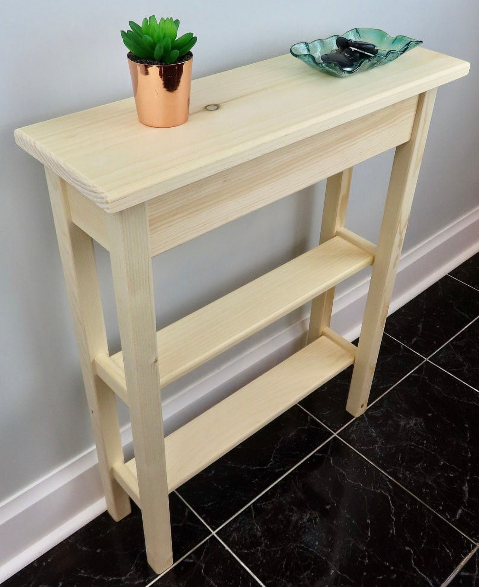 Unfinished Pine Narrow Shaker Console Sofa Wall Table With 2 Shelves ...