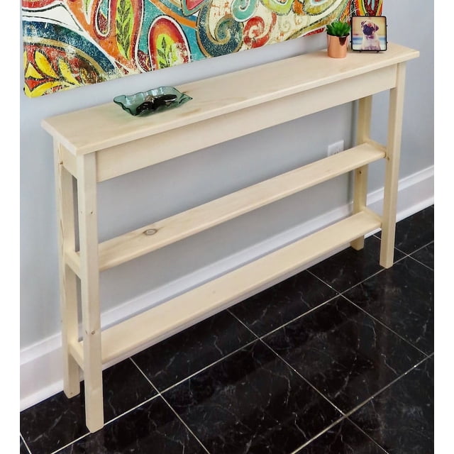 Unfinished Pine Narrow Shaker Console Sofa Wall Table With 2 Shelves ...