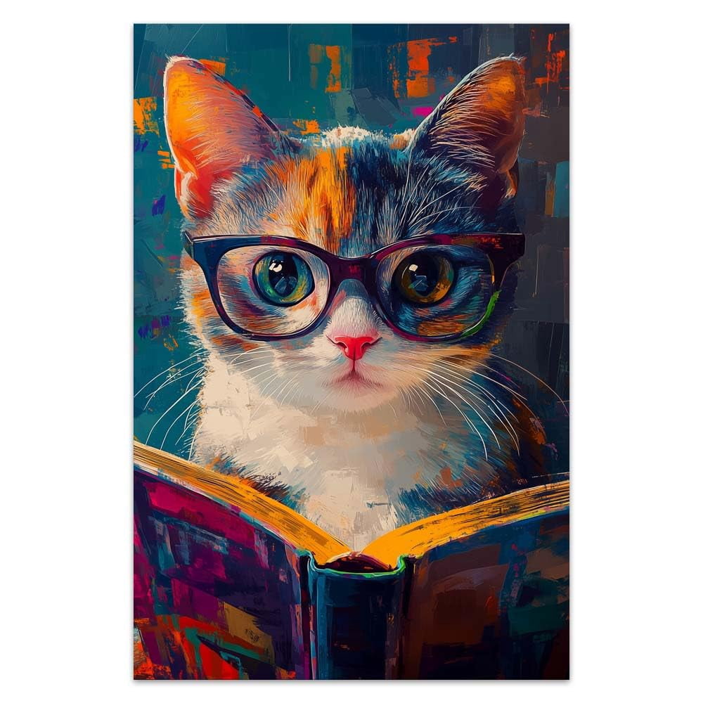 Unframed Canvas Wall Art, Cat Reading Books Pictures Prints Cat Posters ...