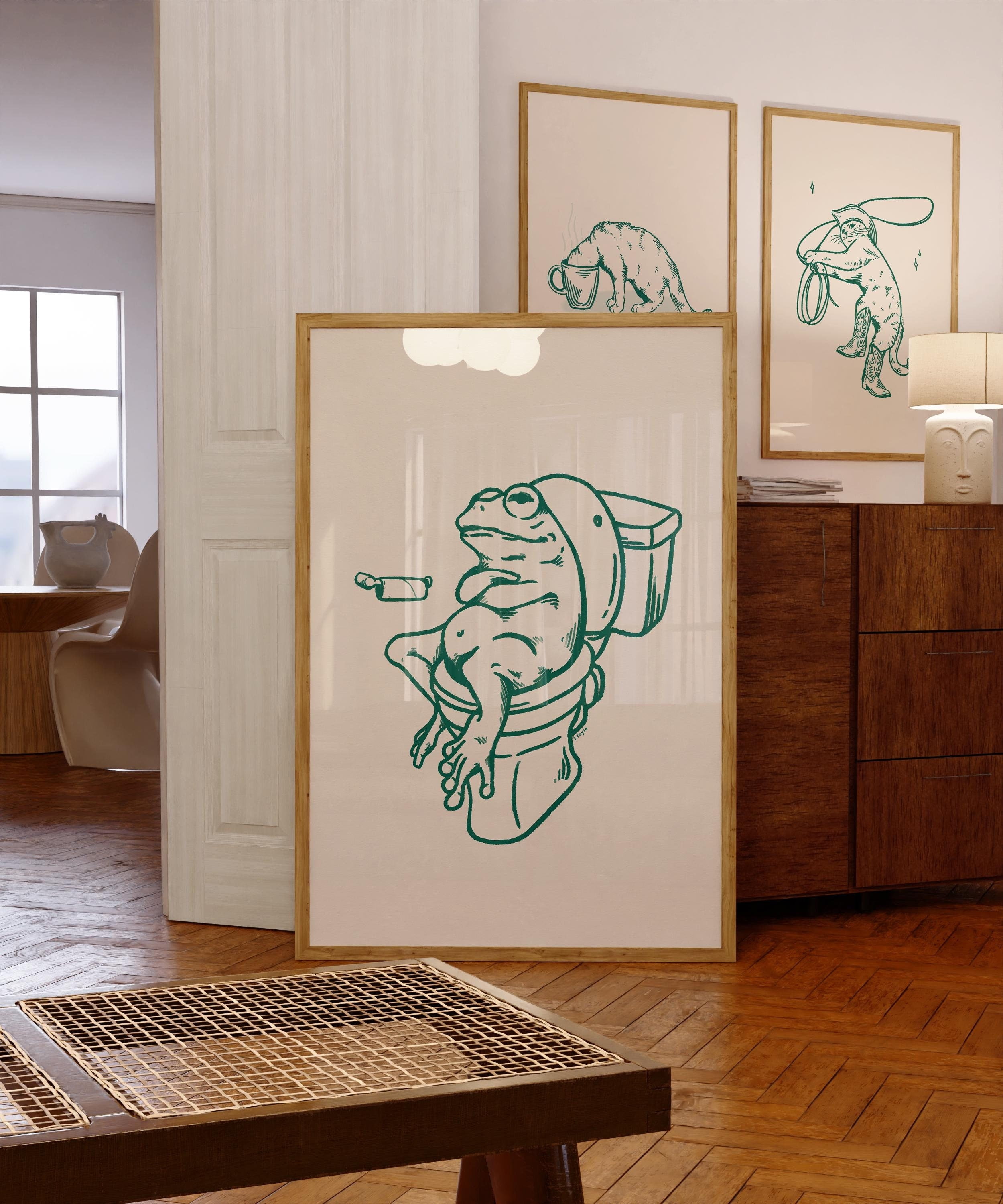 (Unframed)Funny Frog on Toilet Art Green: Retro Bathroom Humor ...