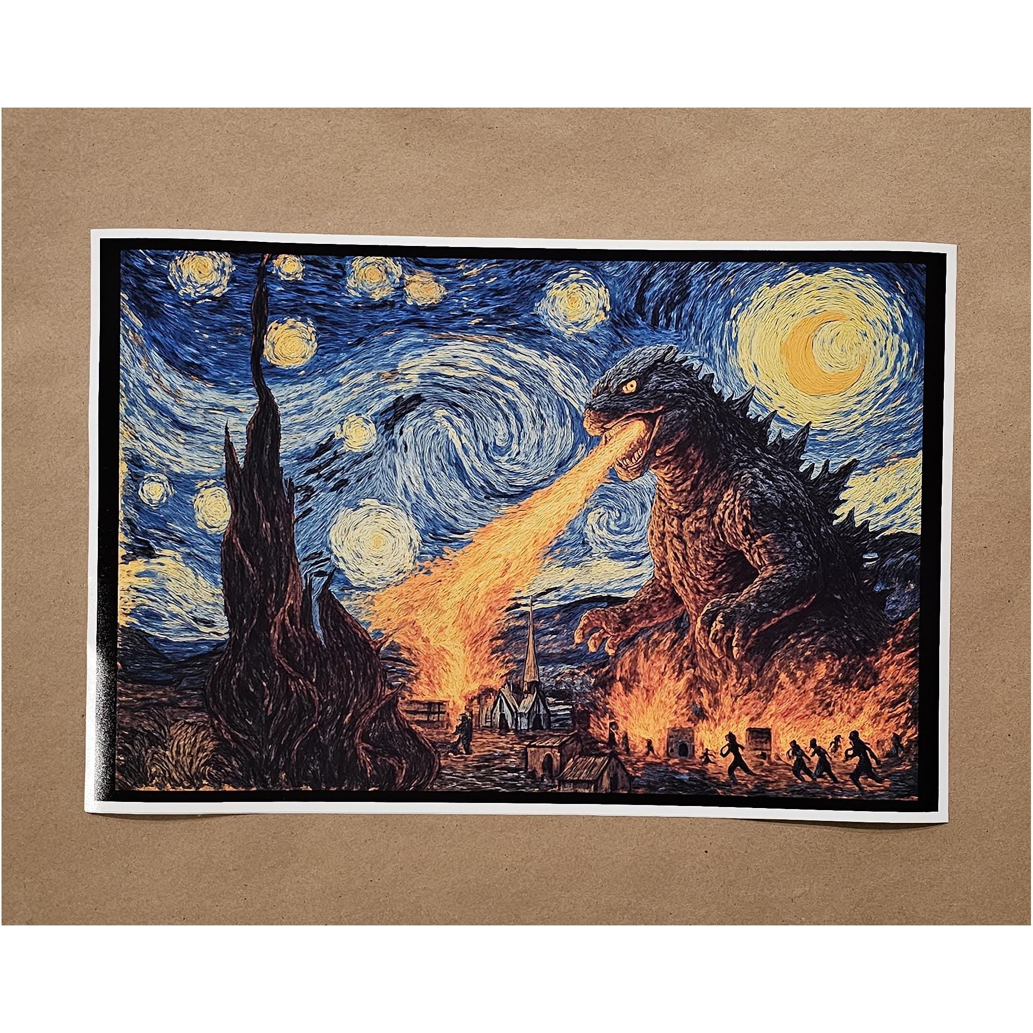 Unframed Godzilla Starry Night Van Gogh PRINT Fire Breathing Monster ...
