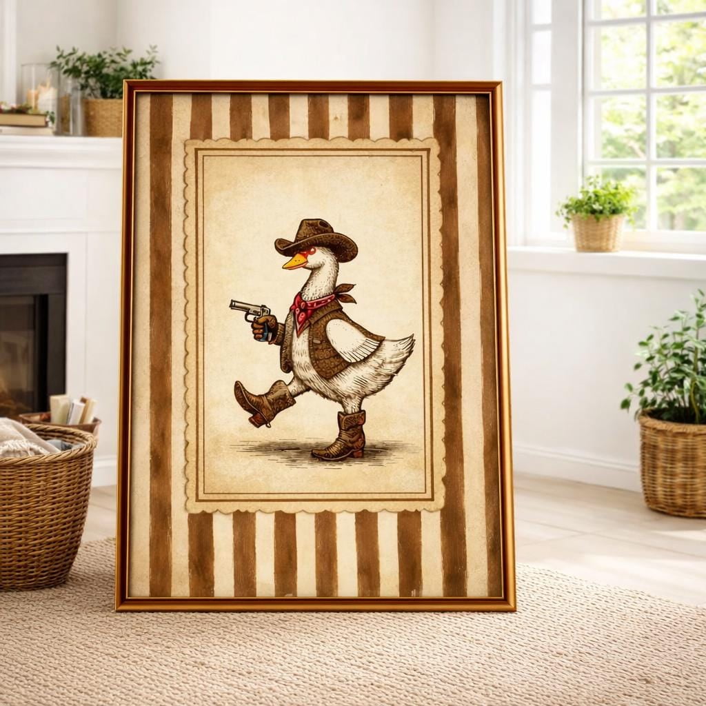 (Unframed) Silly Cowboy Goose Wall Art– Funny Western Dancing Duck ...