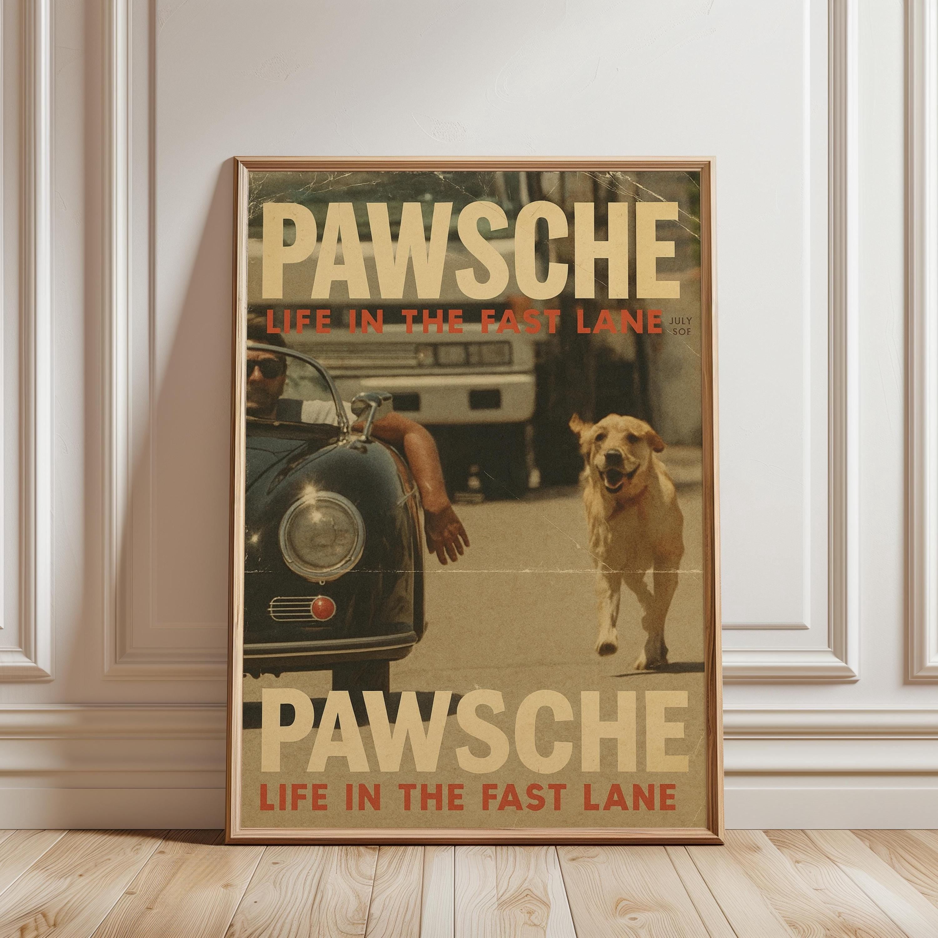 (Unframed) Vintage Porsche Golden Retriever Magazine Cover Art Poster ...