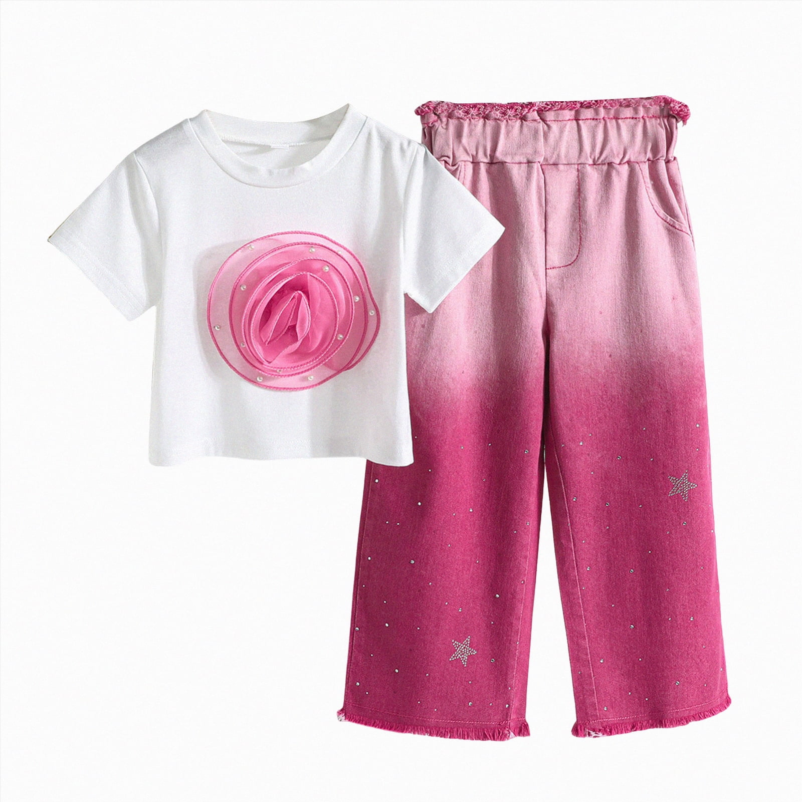 UngA Girls Clothing Set 3D Floral Short Sleeve T-Shirt and Gradient ...