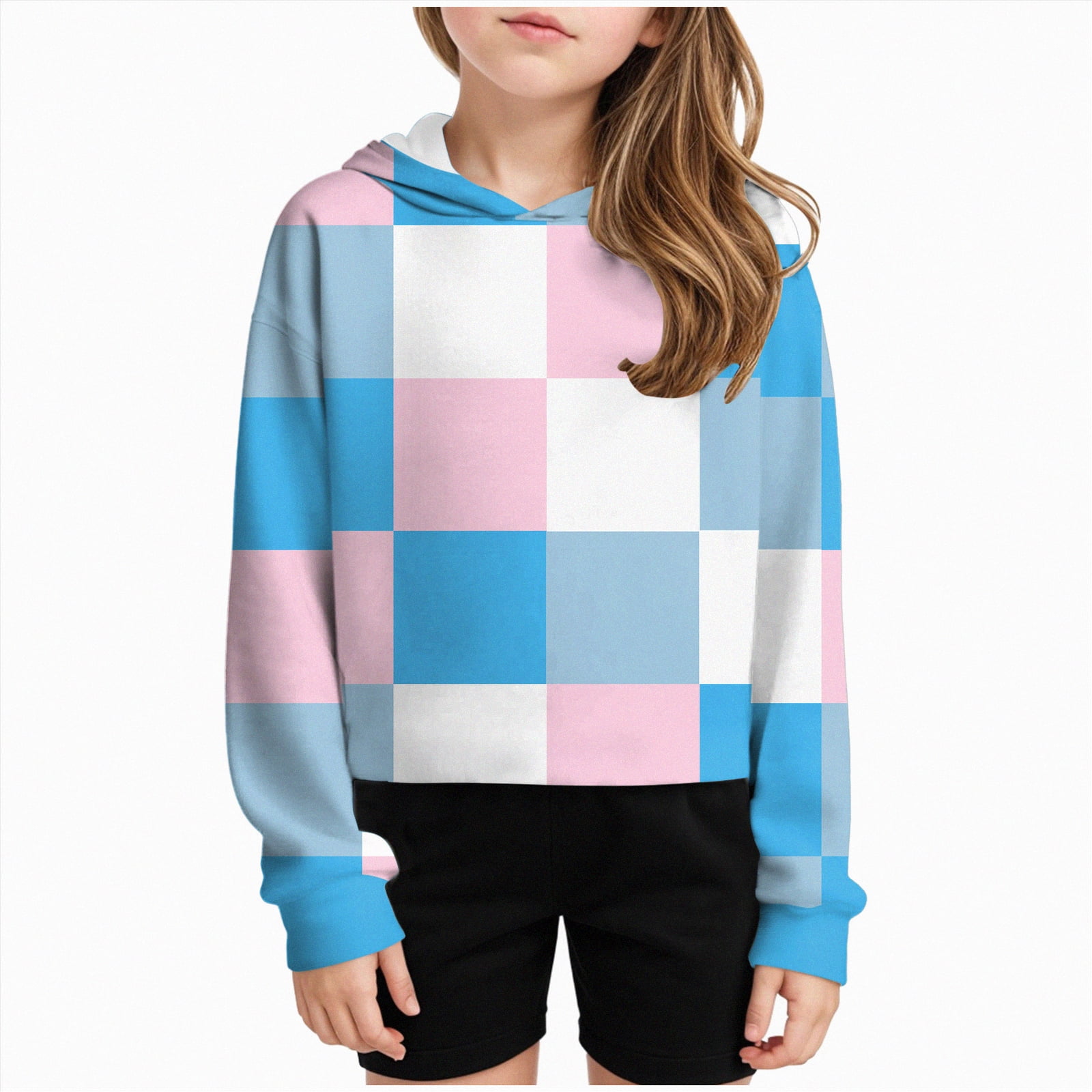 UngA Girls Crop Tops Kids Hoodies Color Block Cute Plaid Shirts Long ...