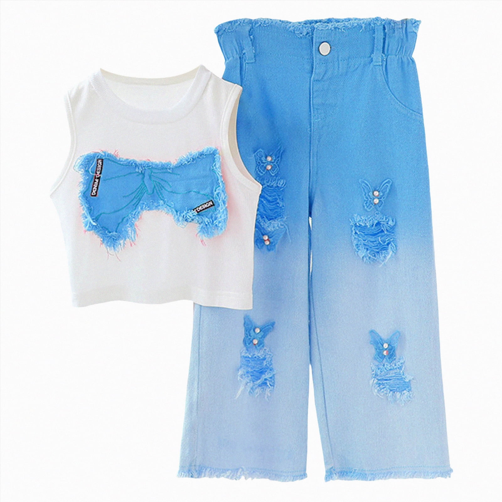 UngA Girls Summer Clothing Set Embroidered Tank Top and Gradient Wide ...