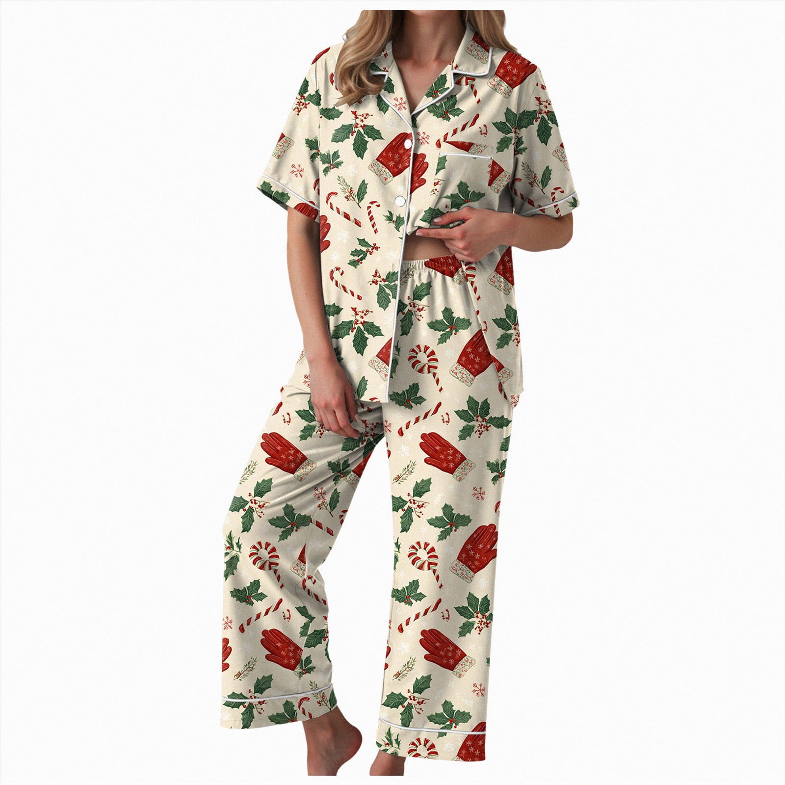 UngA Satin Christmas Pajamas Women Short Sleeve Sleepwear Long Pants ...