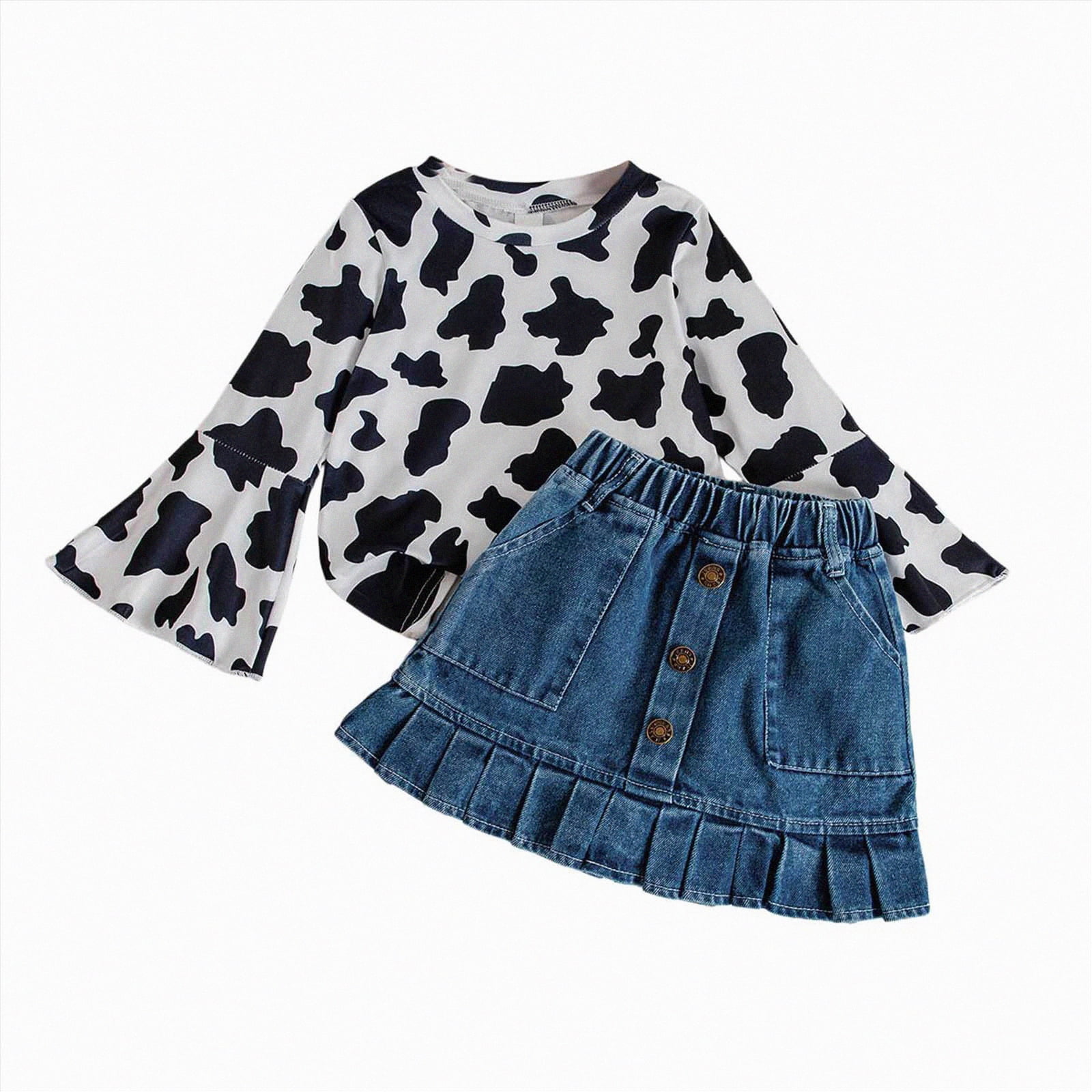 UngA Toddler Girl Western Denim Cowgirl Outfit Cow Print Flare Long ...
