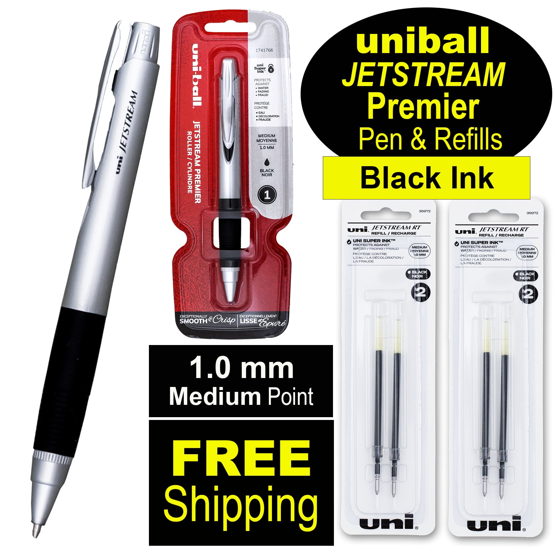 Uni Jetstream Premier 1741766 1.0mm Medium, Black Ink Pen & 2 Packs of ...