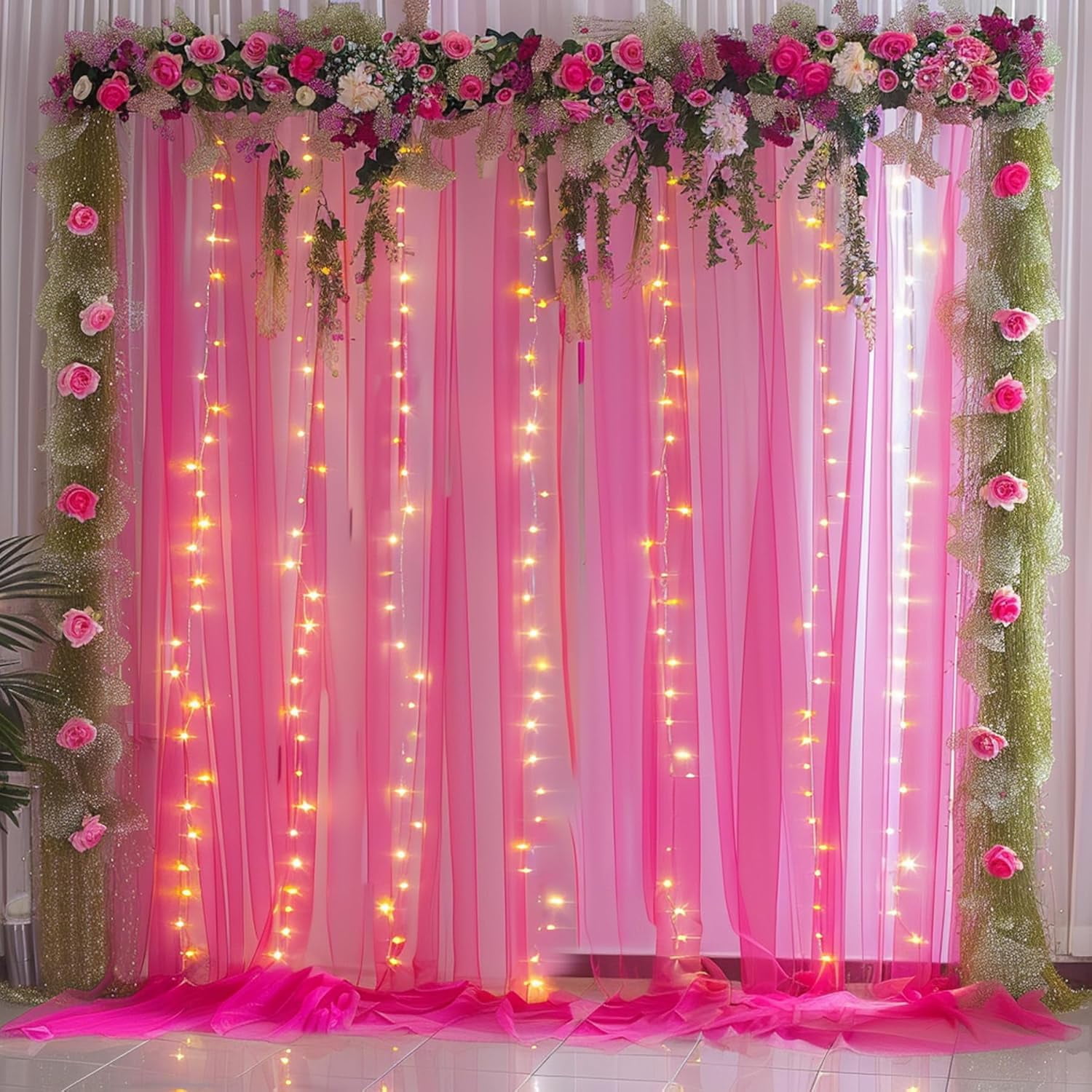 UniMall 10x10ft Hot Pink Tulle Backdrop Curtain with Lights String for ...