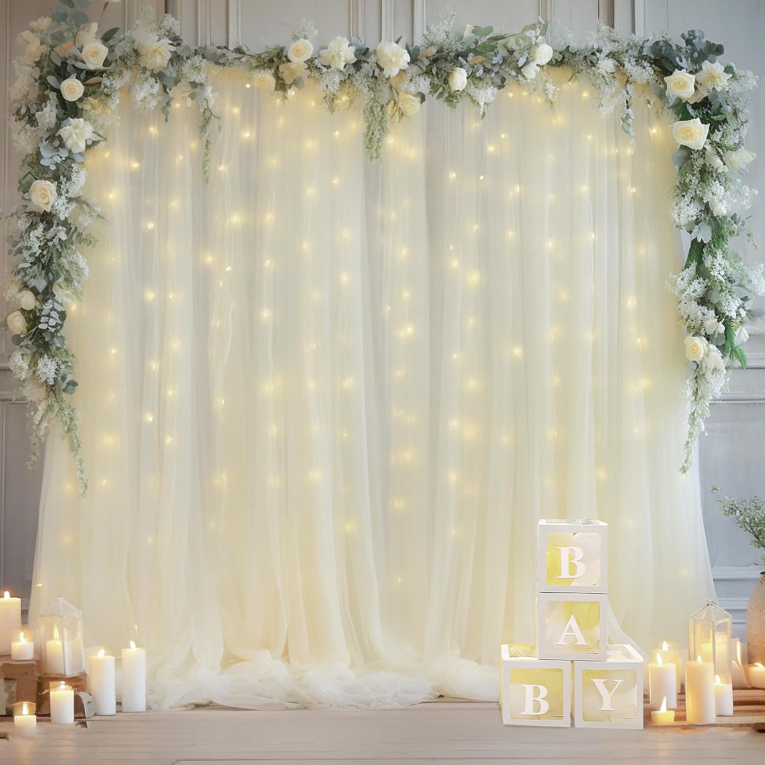 UniMall 10x8ft Ivory Tulle Backdrop Curtain with Lights String for ...