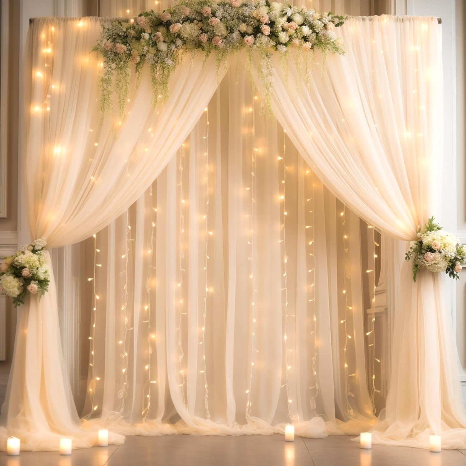 UniMall 20x8ft Champagne Tulle Backdrop Curtain with Lights String for ...