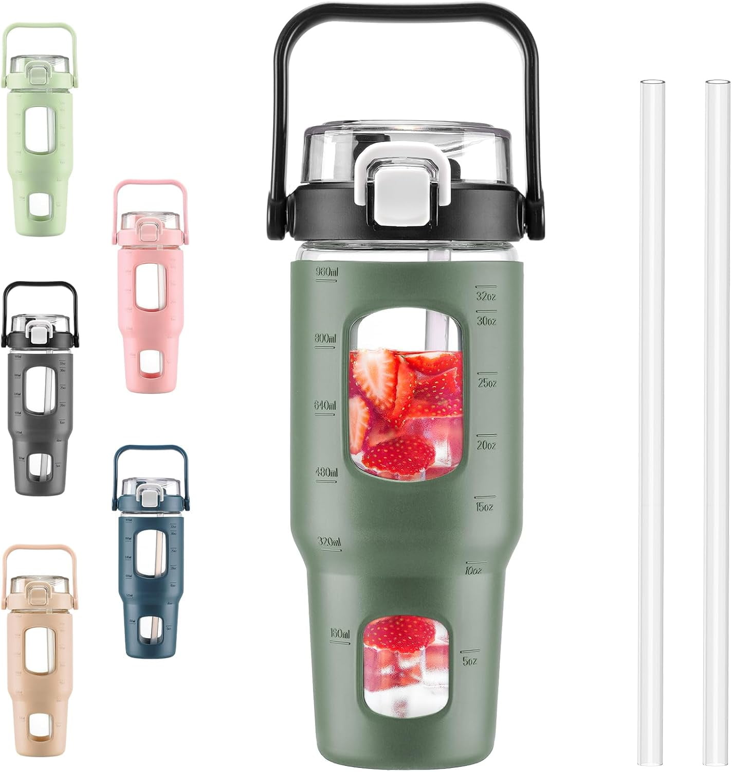 UniMall 32oz Glass Water Bottles with Straw Time Marker Half Gallon ...