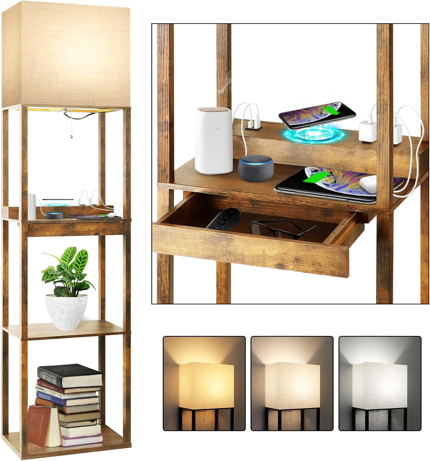 UniMall Floor Lamp with Shelves,Plus Shelf Lamp with Wireless Charger ...