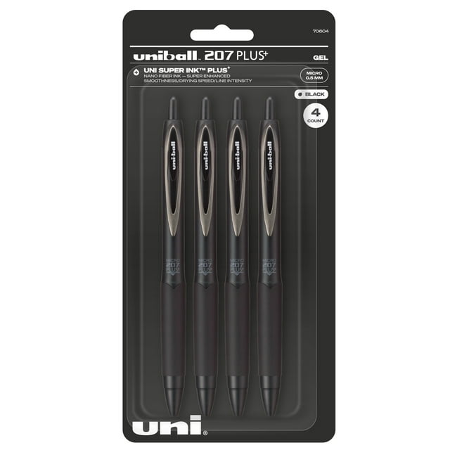 Uniball 207 Plus+ Retractable Gel Pens, Micro Point (0.5mm), Black Barrel, Black Ink, 4 Count ...