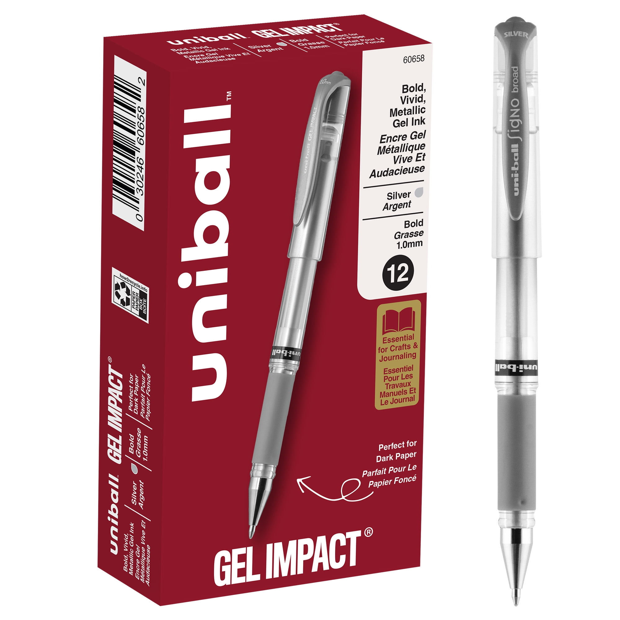 uniball Gel Impact Pens, Bold Point (1.0mm), Silver Metallic Ink, 12 ...