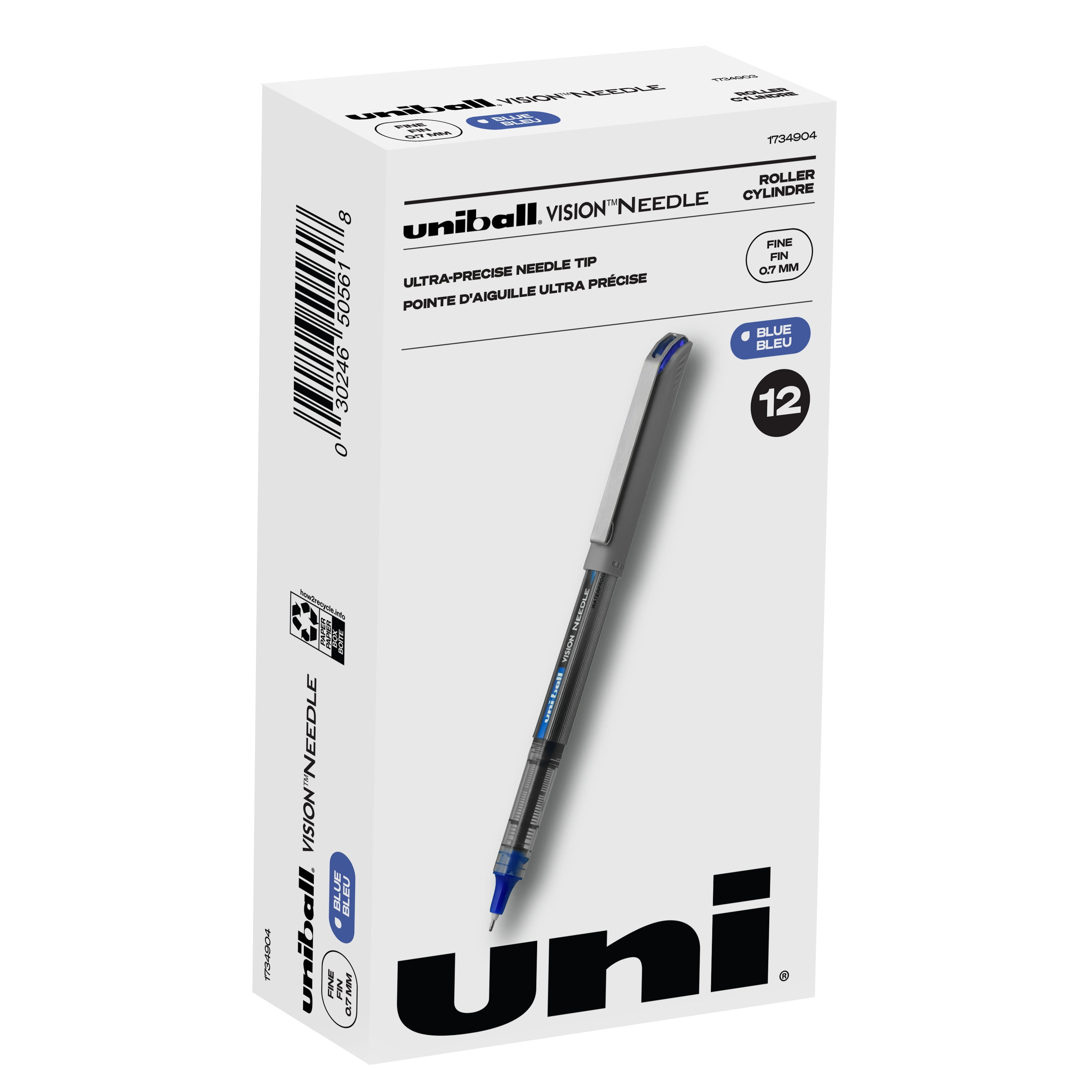 Uniball Vision Needle Rollerball Pens, Fine Point (0.7mm), Blue Ink, 12 ...
