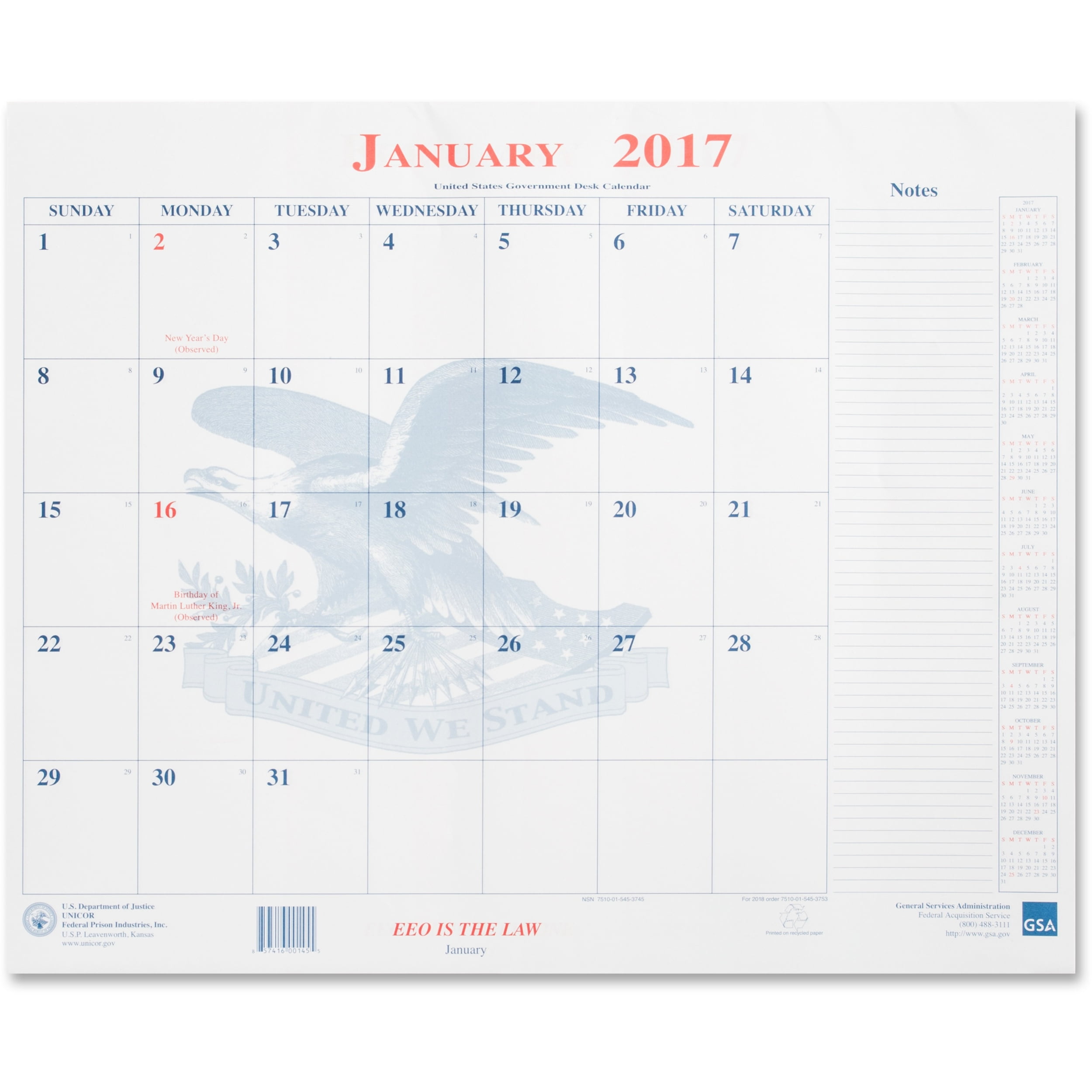 Unicor Fed Blotter Style Monthly Calendar Pad - Walmart.com