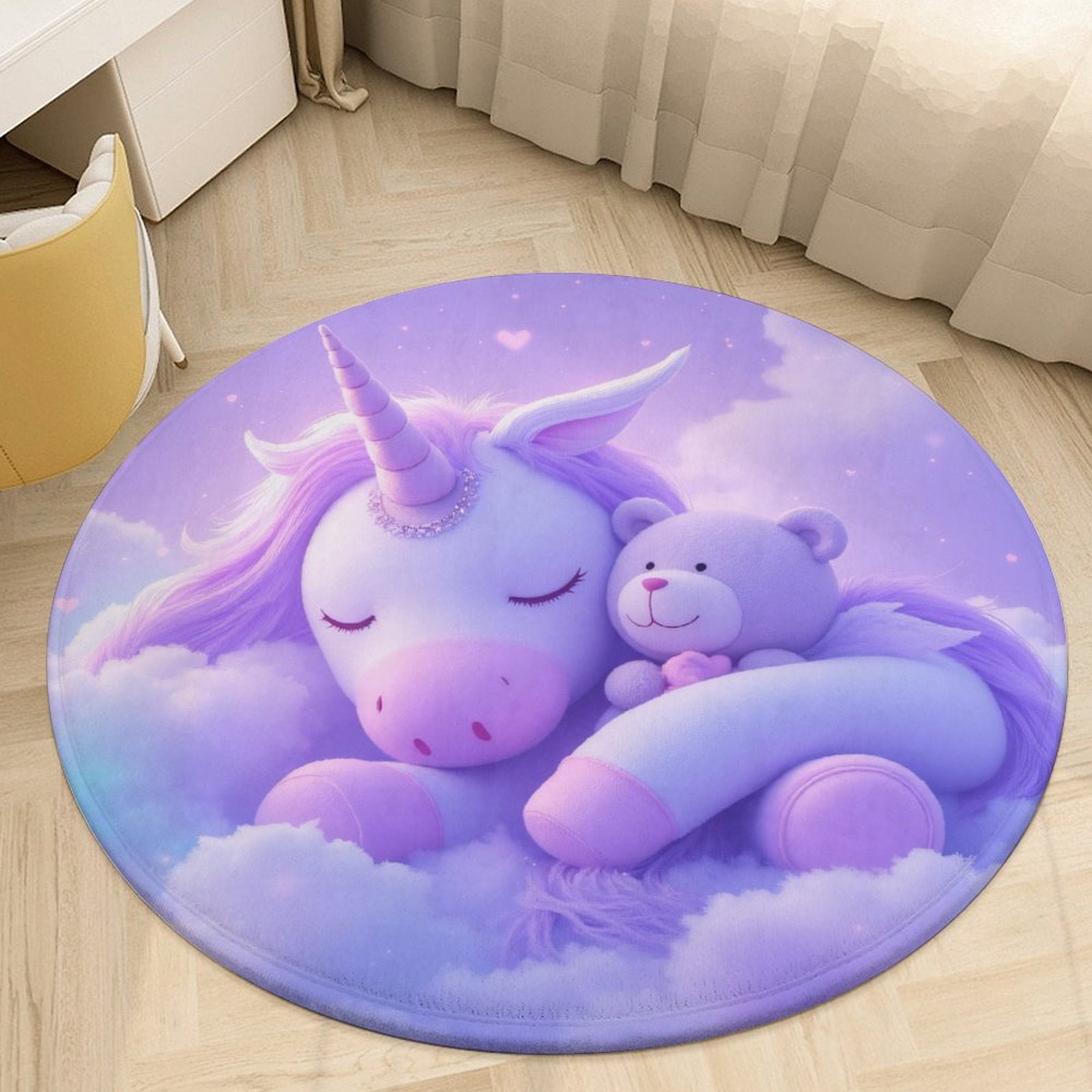 Unicorn And Teddy in Clouds Round Area Rugs for Bedroom Living Room ...