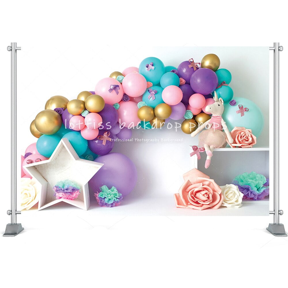 Unicorn Backdrop Kids 1st Cake Smash Props Rainbow Balloons Star Child ...