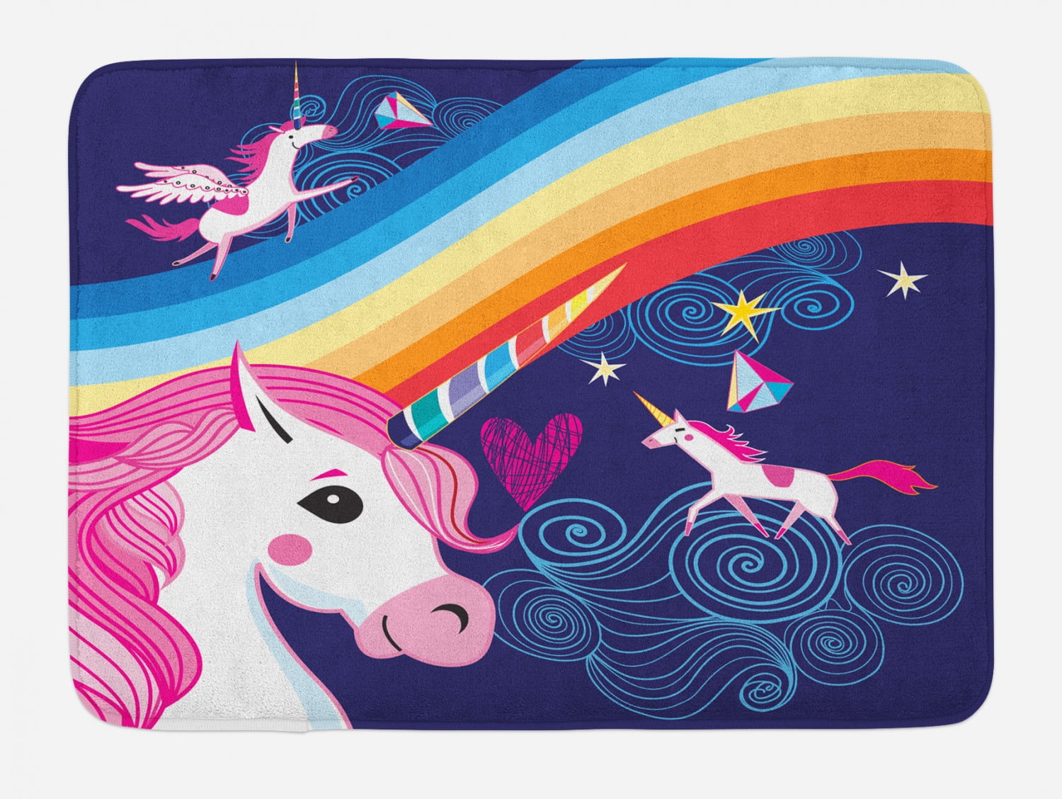 Unicorn Bath Mat, Colorful Arrangement of Mythical Animals in the Sky ...
