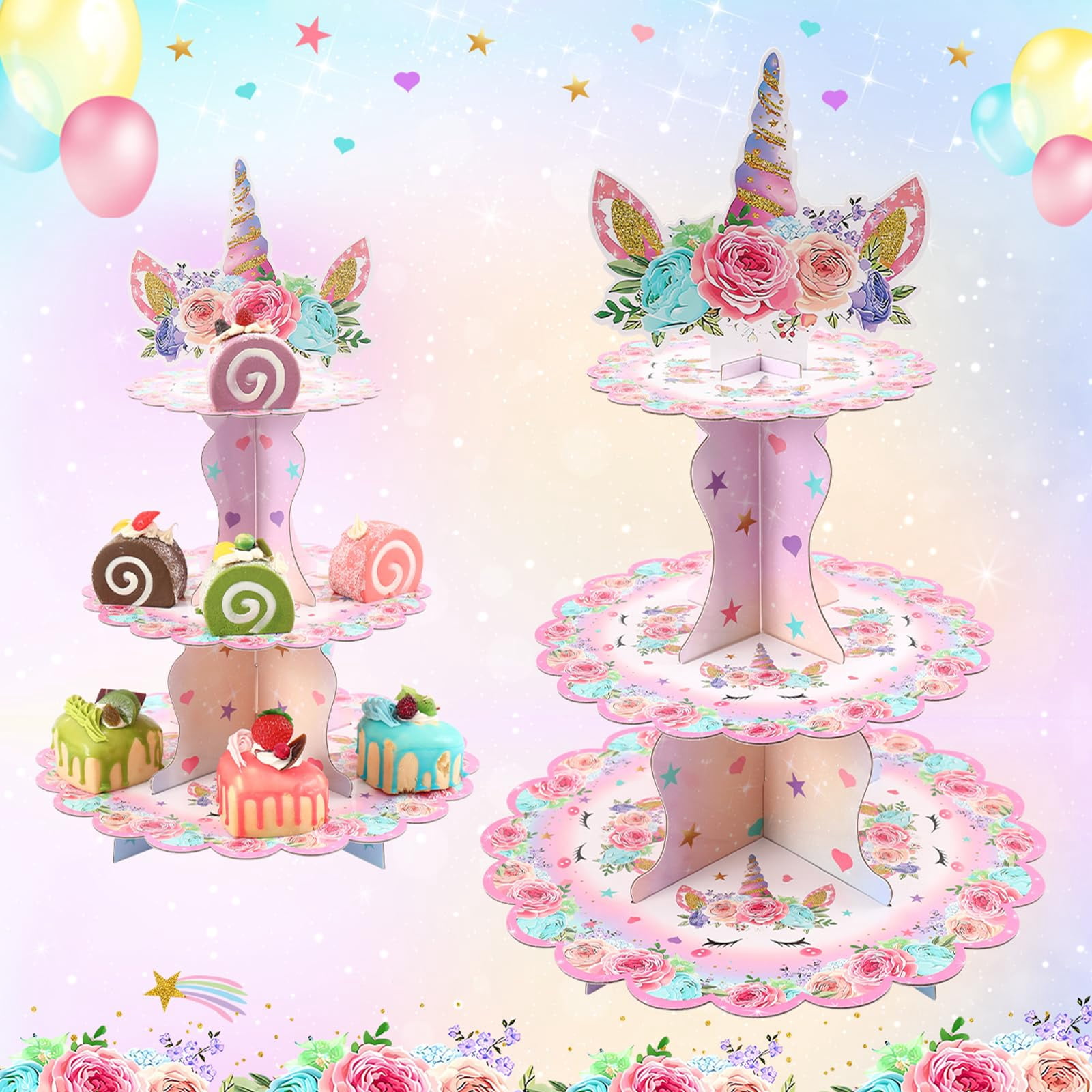 Unicorn Birthday Decorations Cupcake Stand - 3 Tier Pink Floral Unicorn ...