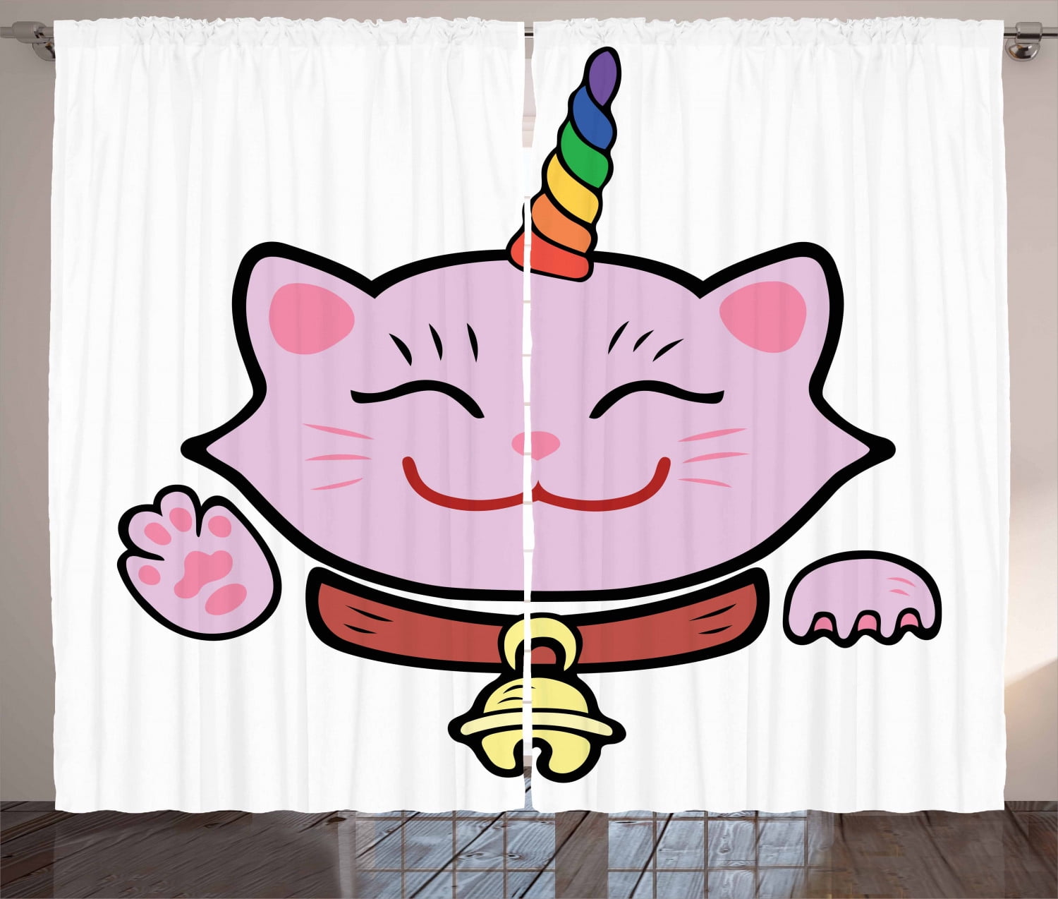 Ambesonne Unicorn Cat Curtains 2 Panel Set, Pink Maneki Neko, 108" x ...