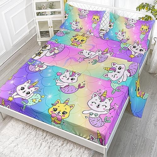 Unicorn Cat Sheets Set Queen,Cartoon Cat Sheets Set Rainbow Sheets ...