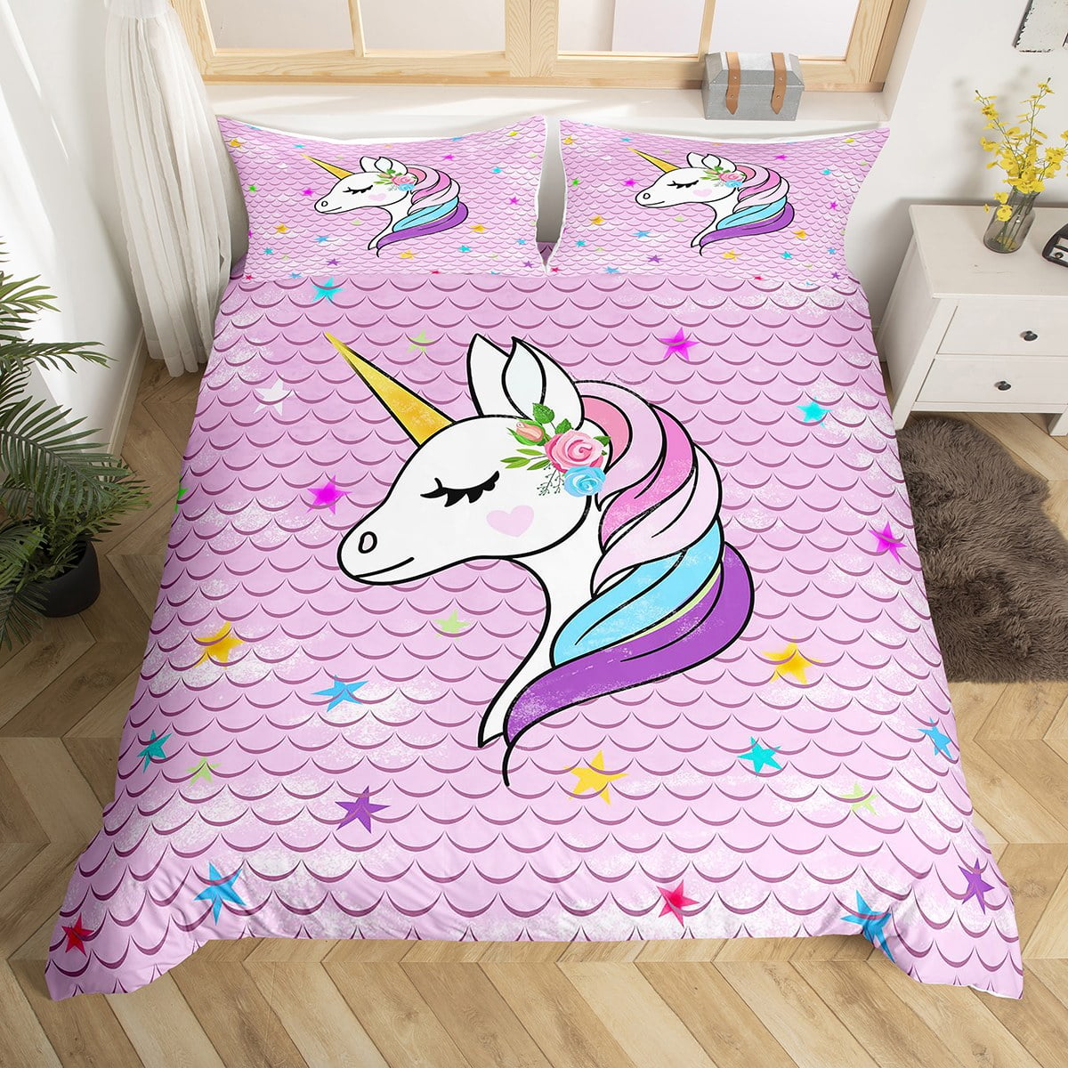 Unicorn Comforter Cover Pink Mermaid Scale Duvet Cover for Kids Child ...
